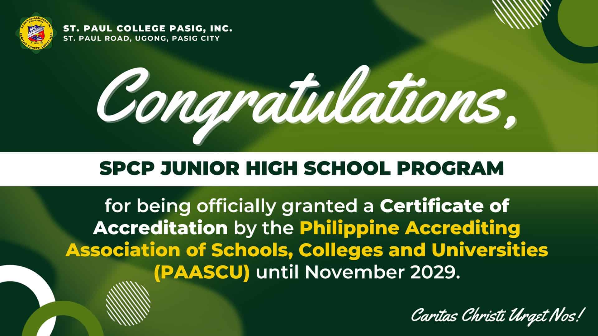 PAASCU Accredits SPCP High School Department - St Paul College Pasig, Inc.
